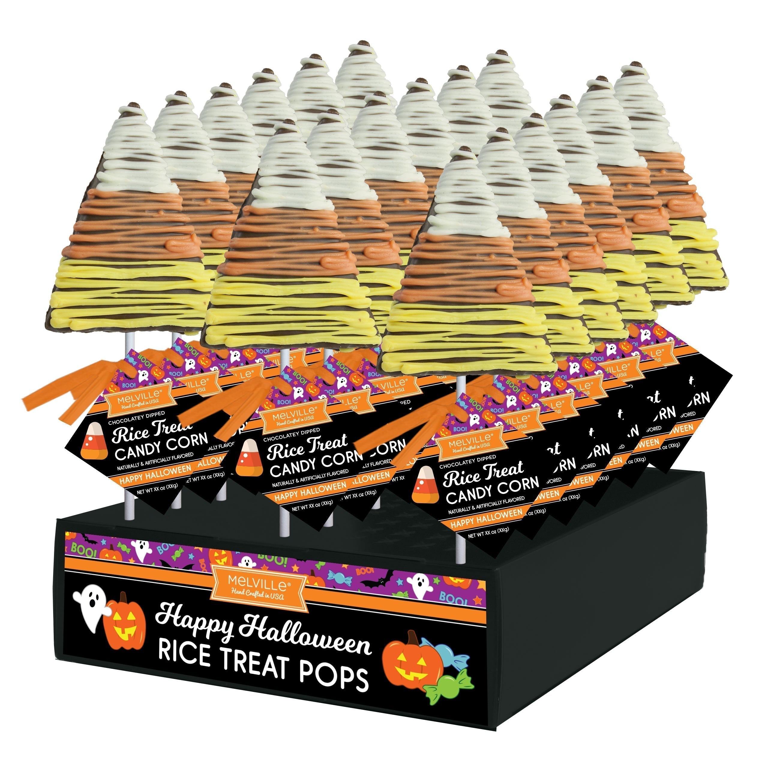 Candy Corn Drizzle Rice Treat Pops by Melville Candy Company